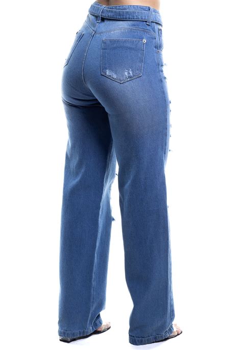 Calça Jeans Feminina Wide Leg Cinto Crocker