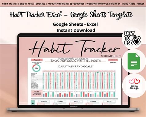 Habit Tracker Excel Google Sheets Template Productivity Etsy