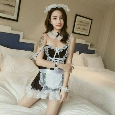 Damen Kellnerin Kostüm Set Rüschen Maid Kleid Outfit Schürze Erotisch