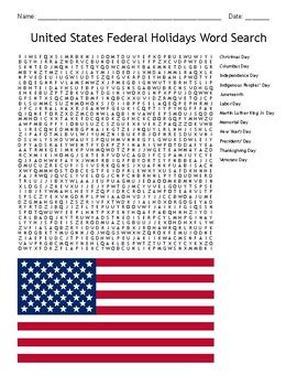 United States Federal Holidays Word Search By Oasis EdTech TPT