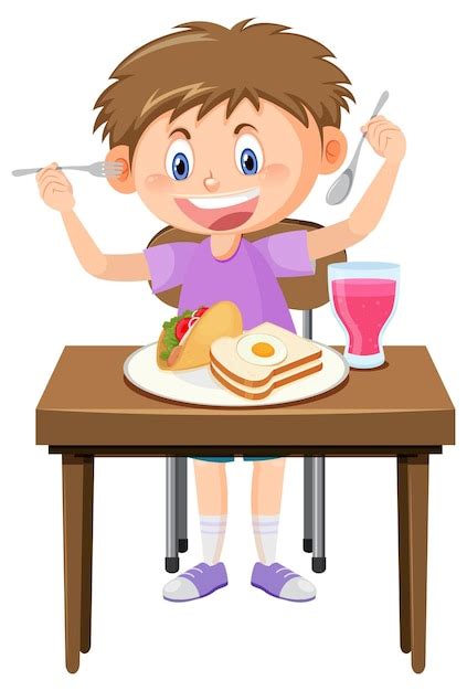 Niño feliz disfruta comiendo comida en la mesa Vector Premium