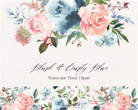 Blush Dusty Blue Watercolor Floral Clip Art PNG Bouquets Etsy India