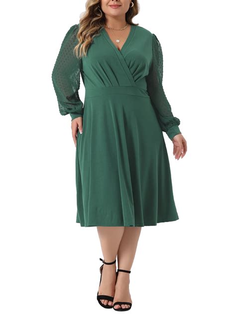 Unique Bargains Women Plus Size Long Sleeve Swiss Dots Wrap V Neck Knee