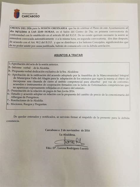 ORDEN DEL DÍA SESIÓN ORDINARIA PLENO NOVIEMBRE 2016
