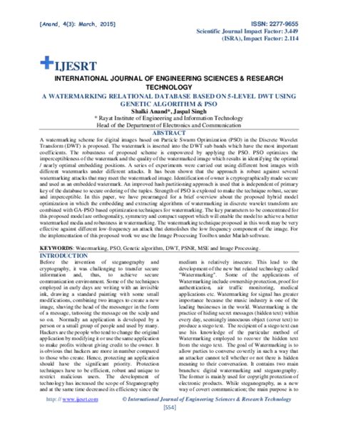 pdf a watermarking relational database based on 5 level dwt using genetic algorithm and pso