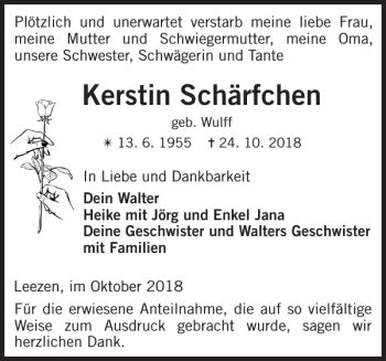 Traueranzeigen Von Kerstin Sch Rfchen Trauer Nordkurier