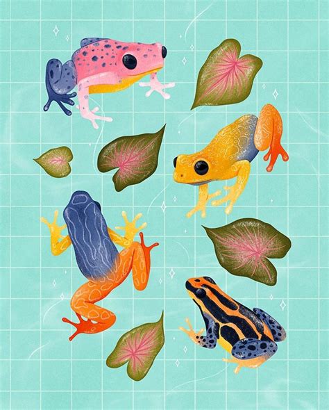 Four Different Colored Frogs Sitting On Top Of Leafy Green Leaves In A