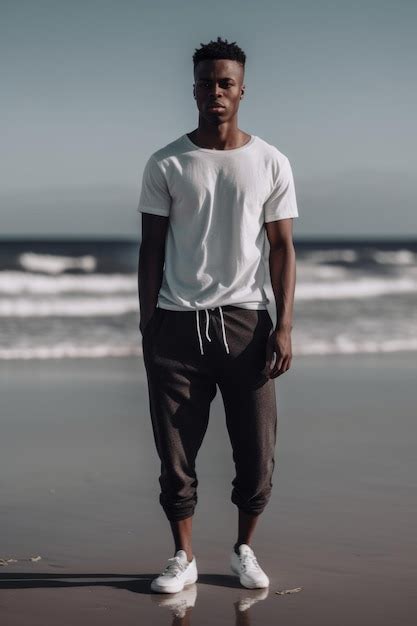 Un Hombre Se Para En La Playa Con Una Camiseta Blanca Y Pantalones