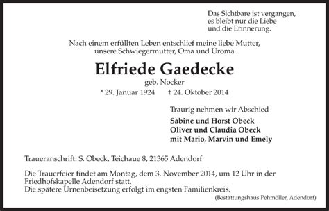 Traueranzeigen von Elfriede Gaedecke Trauer Lüneburg de