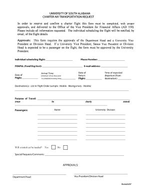 Fillable Online Southalabama UNIVERSITY OF SOUTH ALABAMA CHARTER AIR