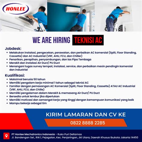 Lowongan Kerja Teknisi Ac Di Pt Honlee Mechatronics Indonesia