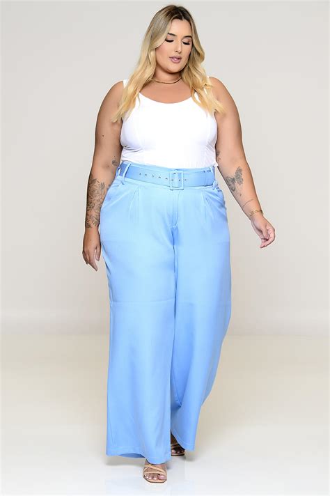 Calça Pantalona Plus Size Alfaiataria Azul Vk Moda Plus Size