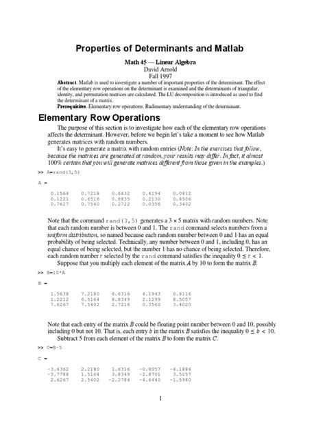 determinant and matlab pdf determinant matrix mathematics