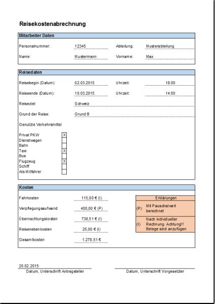 Excel Vorlage Reisekostenabrechnung