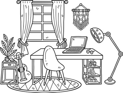 Hand Drawn Work Desk With Plants And Window Interior Room Illustration