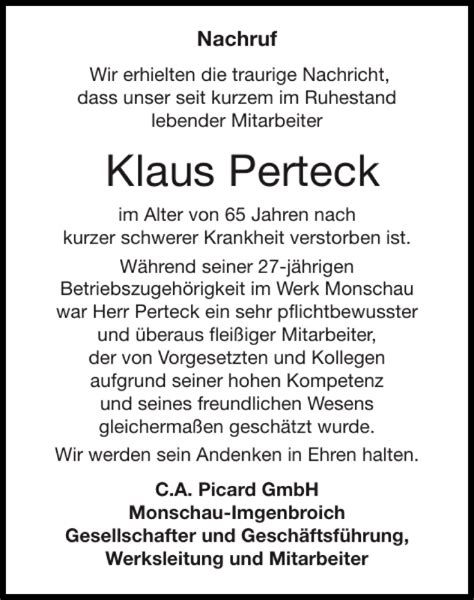 Traueranzeigen Von Klaus Perteck Aachen Gedenkt