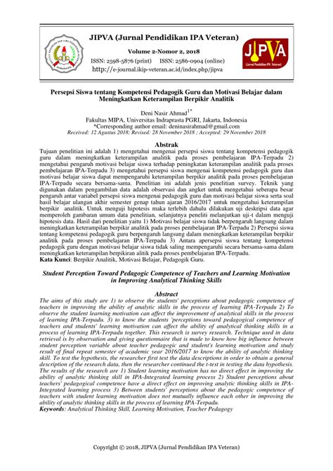 PDF Persepsi Siswa Tentang Kompetensi Pedagogik Guru Dan Motivasi