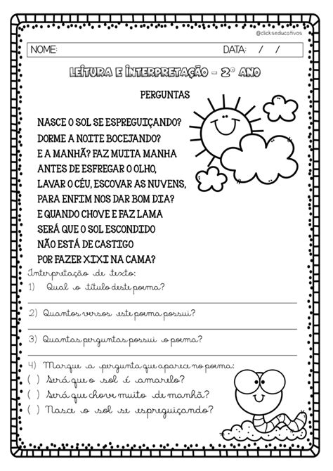 Atividade de leitura e interpretação 2 ano