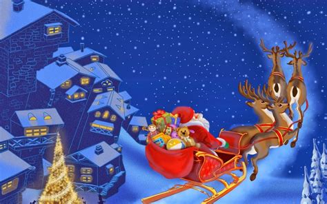 Santa Claus con sus renos repartiendo regalos Fondo navideño Postal