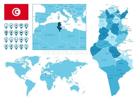 Mapa Administrativo Detallado De Túnez Con Bandera Del País Y Ubicación