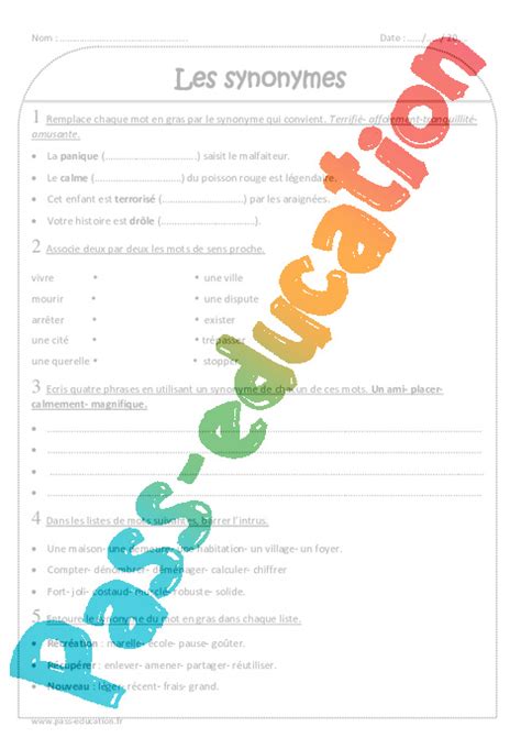 Synonymes Ce2 Exercices à imprimer Pass Education