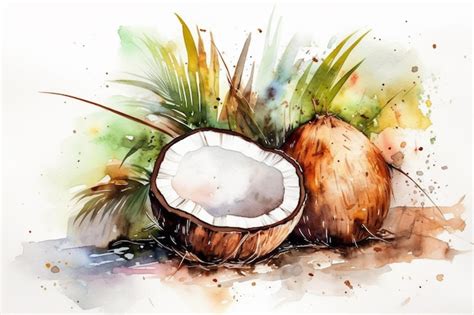 Premium AI Image Watercolor Painting Of A Coconut