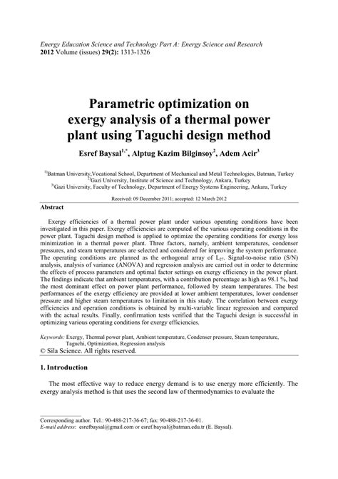 pdf parametric optimization on exergy analysis of a thermal power plant using taguchi design
