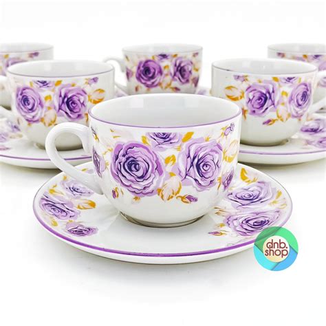 Jual 6 Pasang Cangkir Teh Set Motif DOUBLE ROSE Ukuran 220ml Cangkir
