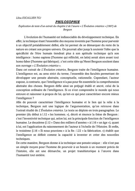 Explication Texte Technique Bergson Lilou Escallier Tg Philosophie
