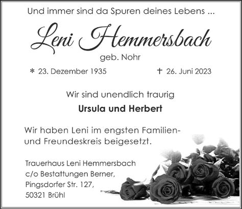 Traueranzeigen Von Leni Hemmersbach WirTrauern
