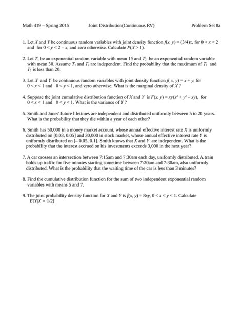 math 419 spring 2015 joint distribution continuous rv problem set 8a x