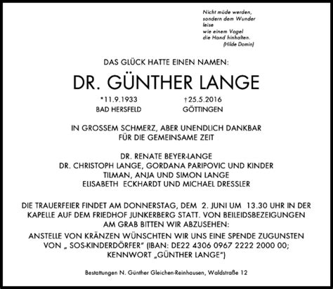 Traueranzeigen von Günther Lange trauer anzeigen de