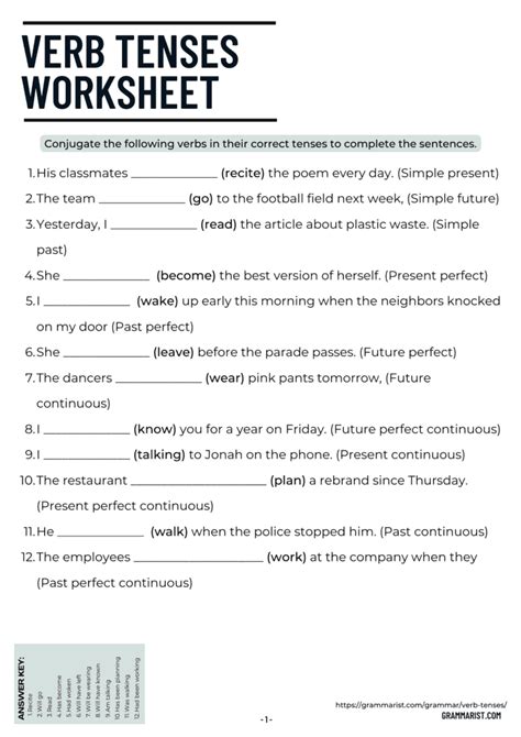 Verb Tenses Uses Examples Worksheet