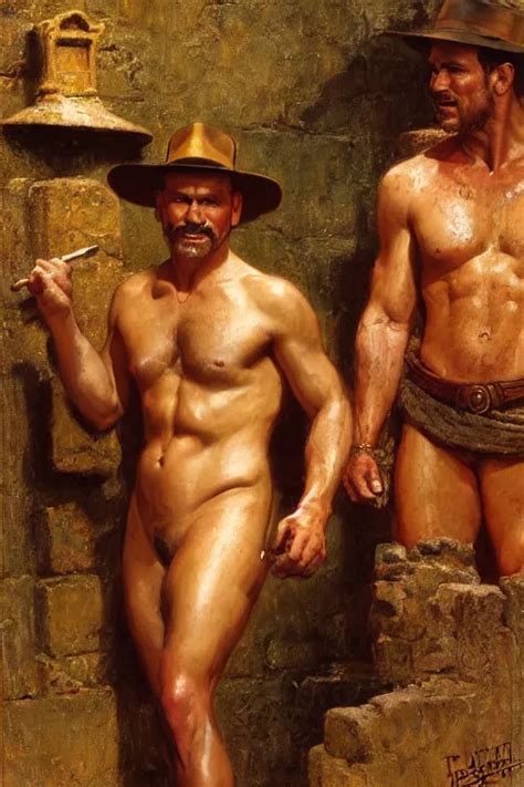 Indiana Jones At A Roman Bathhouse Painting By Tom Stable Diffusion