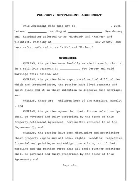 New Jersey Divorce Marital Settlement Agreement Form PDF