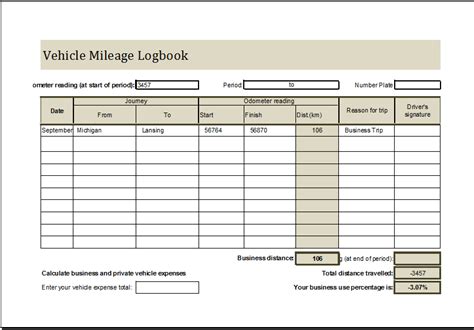 Vehicle Log Book Template Excel