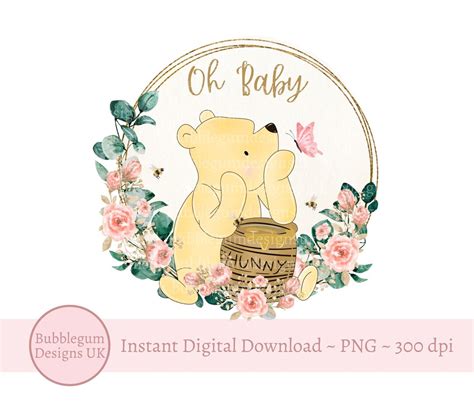 Classic Winnie The Pooh Oh Baby Pink Floral Wreath PNG Winnie The Pooh