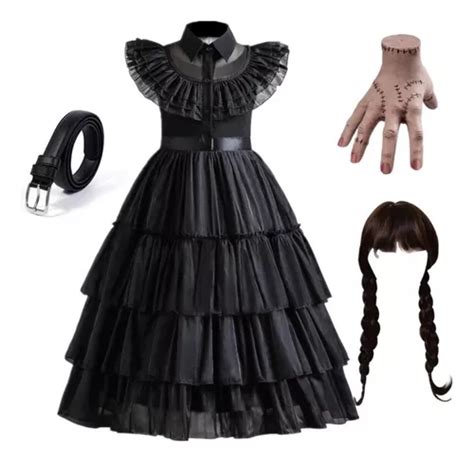 Set Disfraz Merlina Addams Vestido Fiesta Dancing Peluca Mano