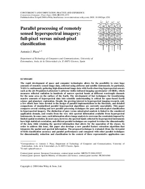 pdf parallel processing of remotely sensed hyperspectral imagery full pixel versus mixed