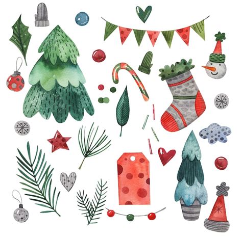 Conjunto De Elementos De Natal Em Aquarela Vetor Premium
