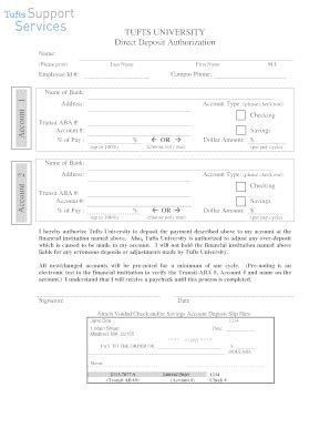 Fillable Online TUFTS UNIVERSITY Direct Deposit Authorization