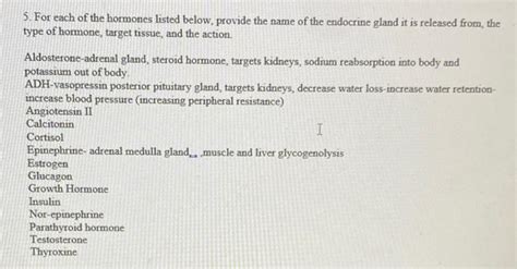 solved 5 for each of the hormones listed below provide the