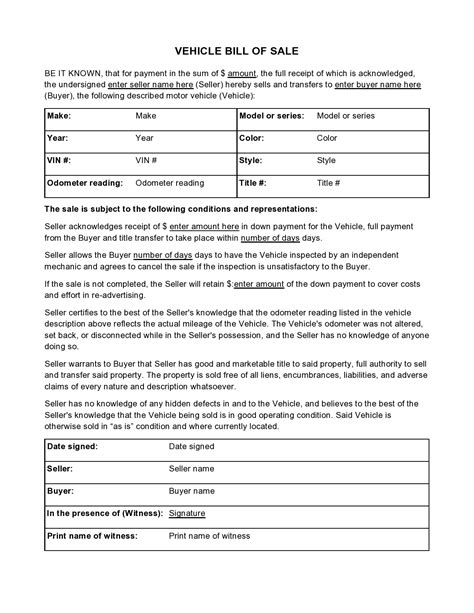 Printable Bill Of Sale For A Car Samples Word Pdf