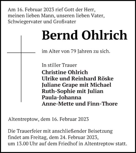Traueranzeigen Von Bernd Ohlrich Trauer Nordkurier