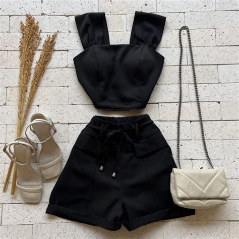 Conjunto Cropped Al A Larga E Short Amarra O Preto Dondoca Moda