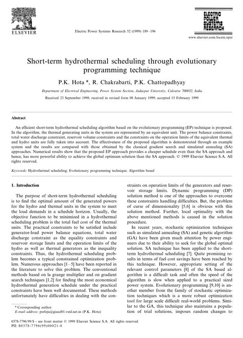 pdf short term hydrothermal scheduling through evolutionary programming technique
