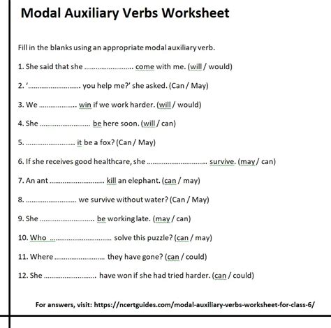 Modal Auxiliary Verbs Worksheet For Class 6 NCERT Guides