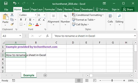 MS Excel 2016 Rename A Sheet