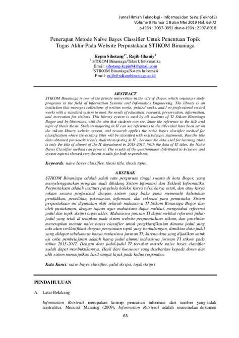 pdf penerapan metode naïve bayes classifier untuk penentuan topik tugas akhir amirul