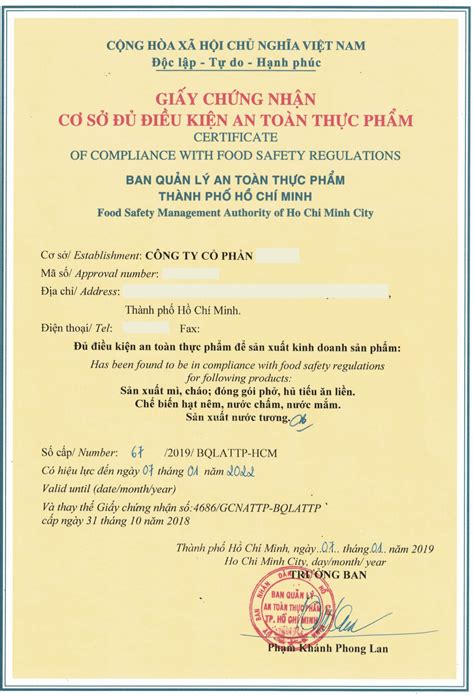 03 mẫu giấy chứng nhận an toàn thực phẩm mới nhất Chuyên Trang Thông